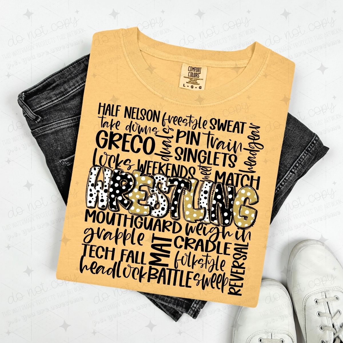 WRESTLING DOODLE - VEGAS GOLD/BLACK - DTF TRANSFER – Shopsalesollieandco